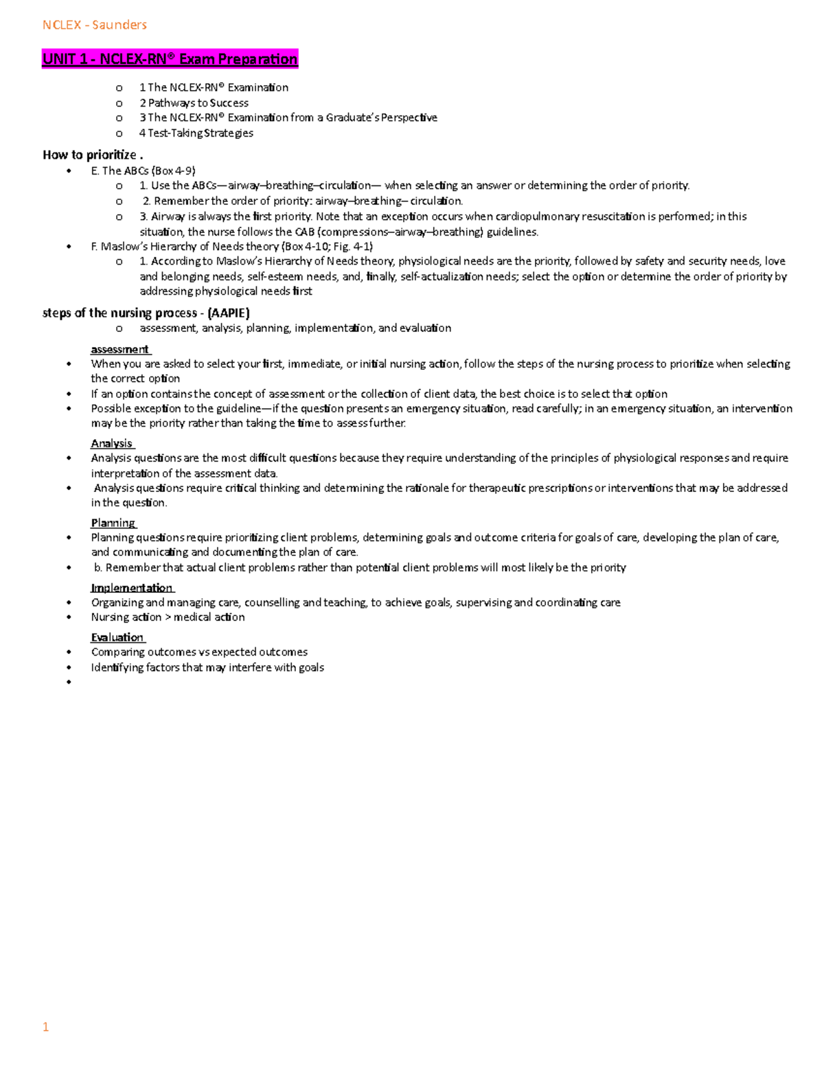 Nclex - saunders notes - UNIT 1 - NCLEX-RN® Exam Preparation o 1 The ...