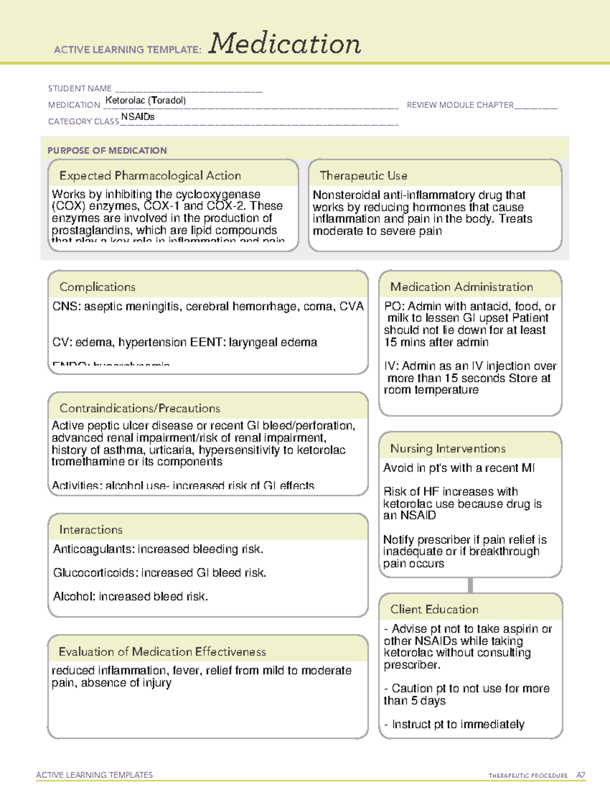 Toradol ATI Medication Form - ACTIVE LEARNING TEMPLATES TherapeuTic ...