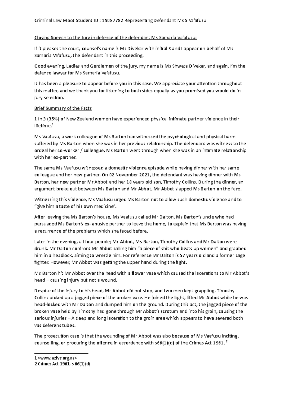 Moot Criminal 2022 - Moot - Closing Speech to the Jury in defence of ...