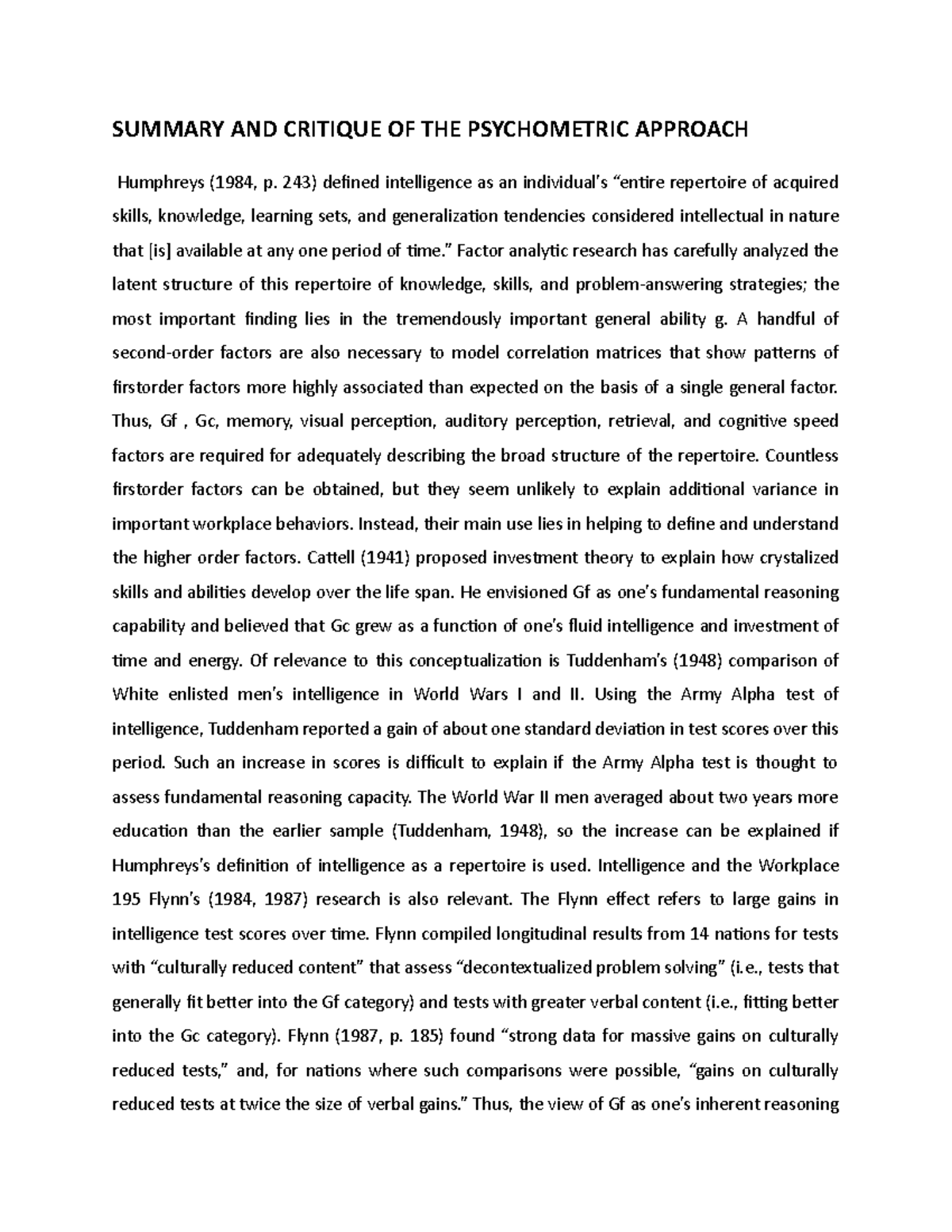 Summary AND Critique OF THE Psychometric Approach - SUMMARY AND ...