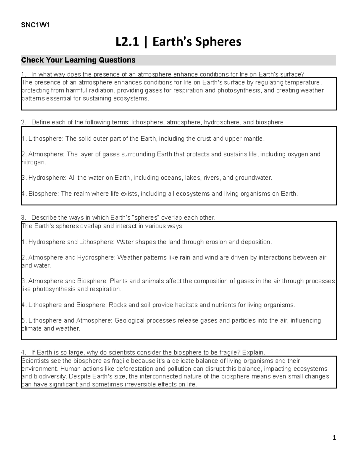 Copy of HW2.1 Earth's Spheres - SNC1W L2 | Earth's Spheres Check Your ...
