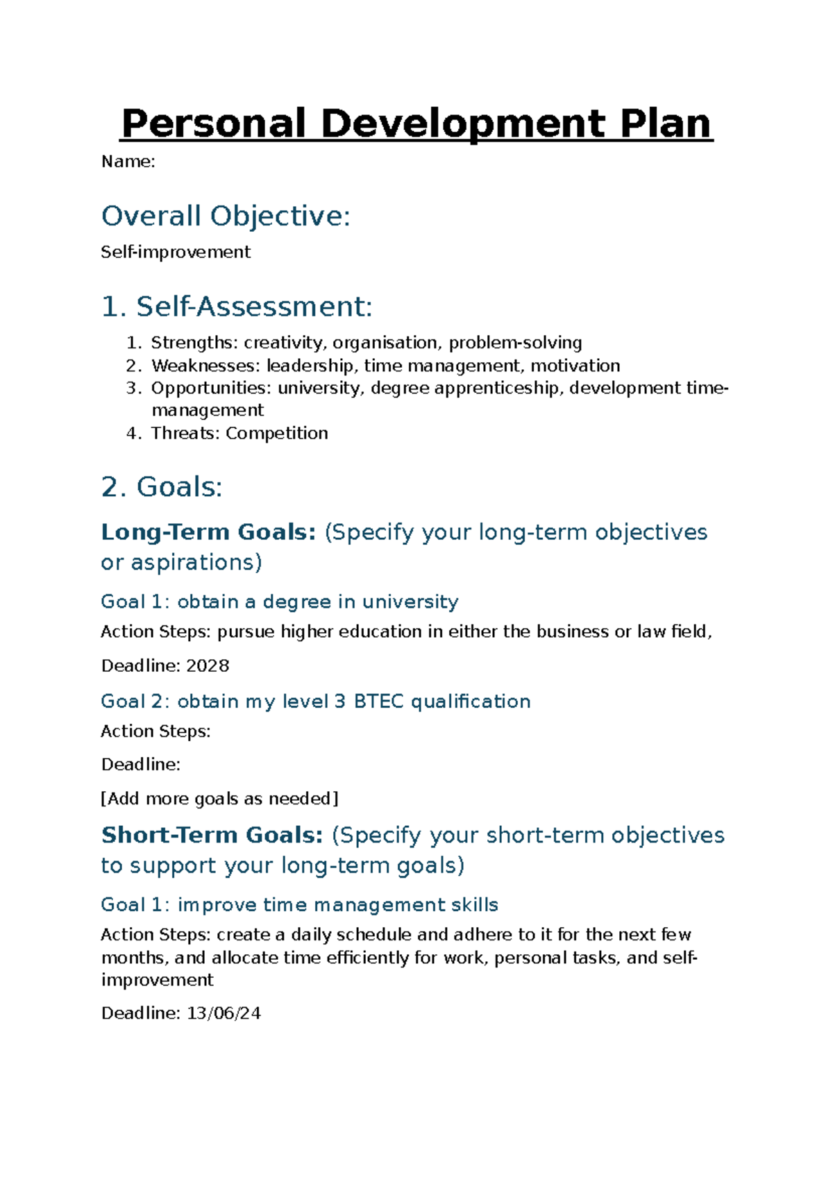 PDP Template - Personal Development Plan Name: Overall Objective: Self ...