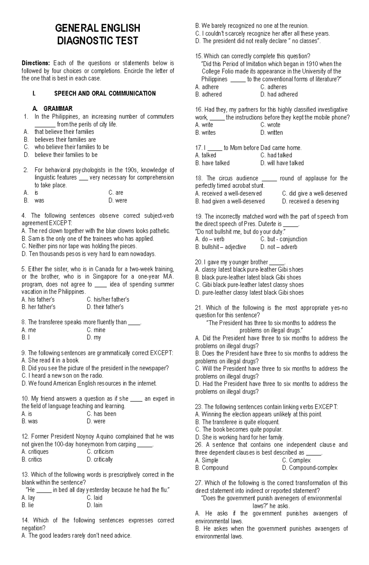 Final English Diagnostic Exam - GENERAL ENGLISH DIAGNOSTIC TEST ...