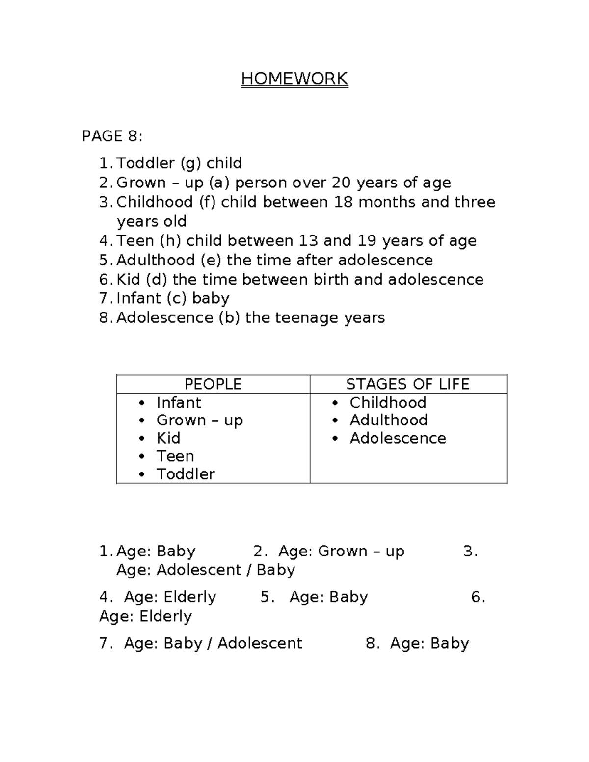 Homework - Intermediate 1 - HOMEWORK PAGE 8: Toddler (g) child Grown – up (a) person over 20 ...