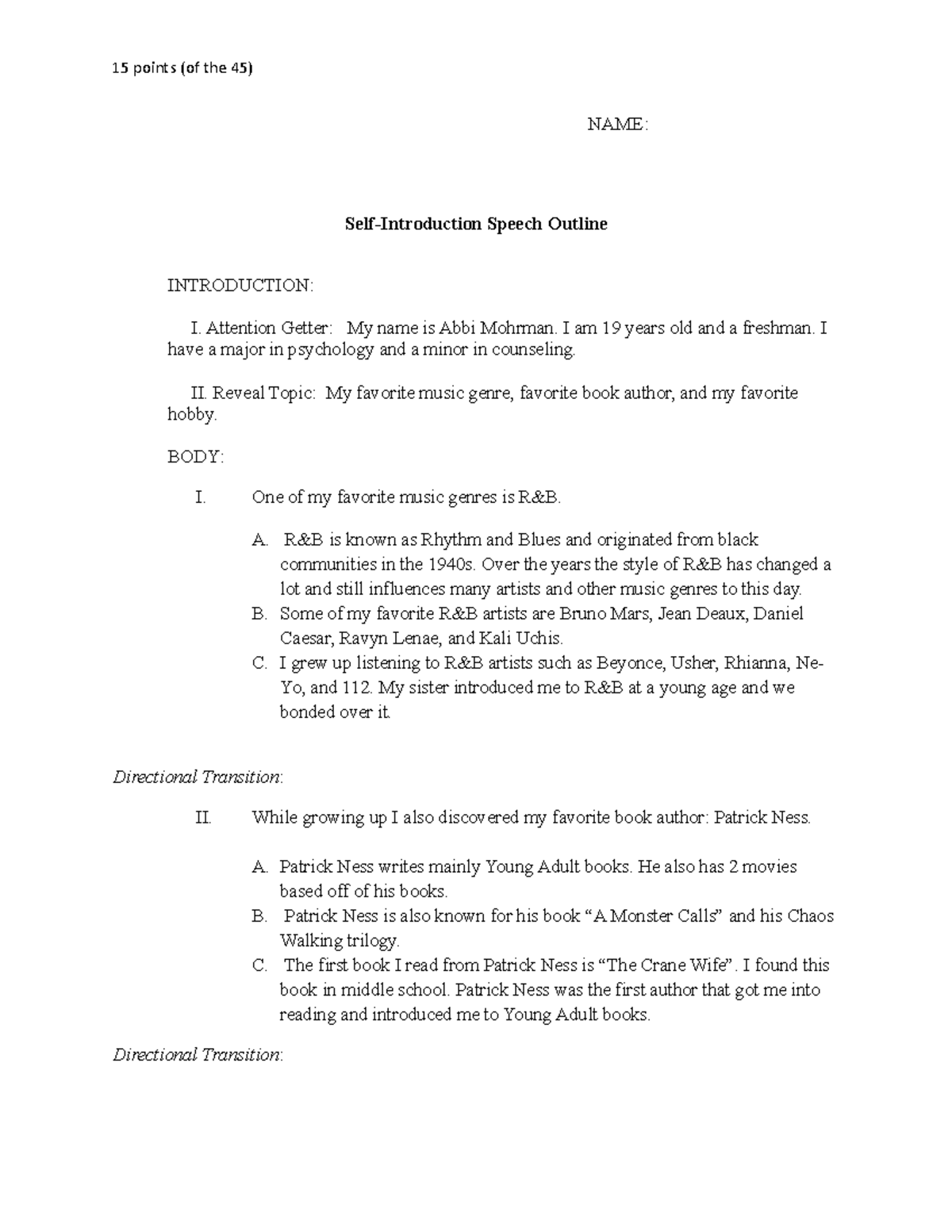 Self Intro Outline - 15 points (of the 45) NAME: Self-Introduction ...