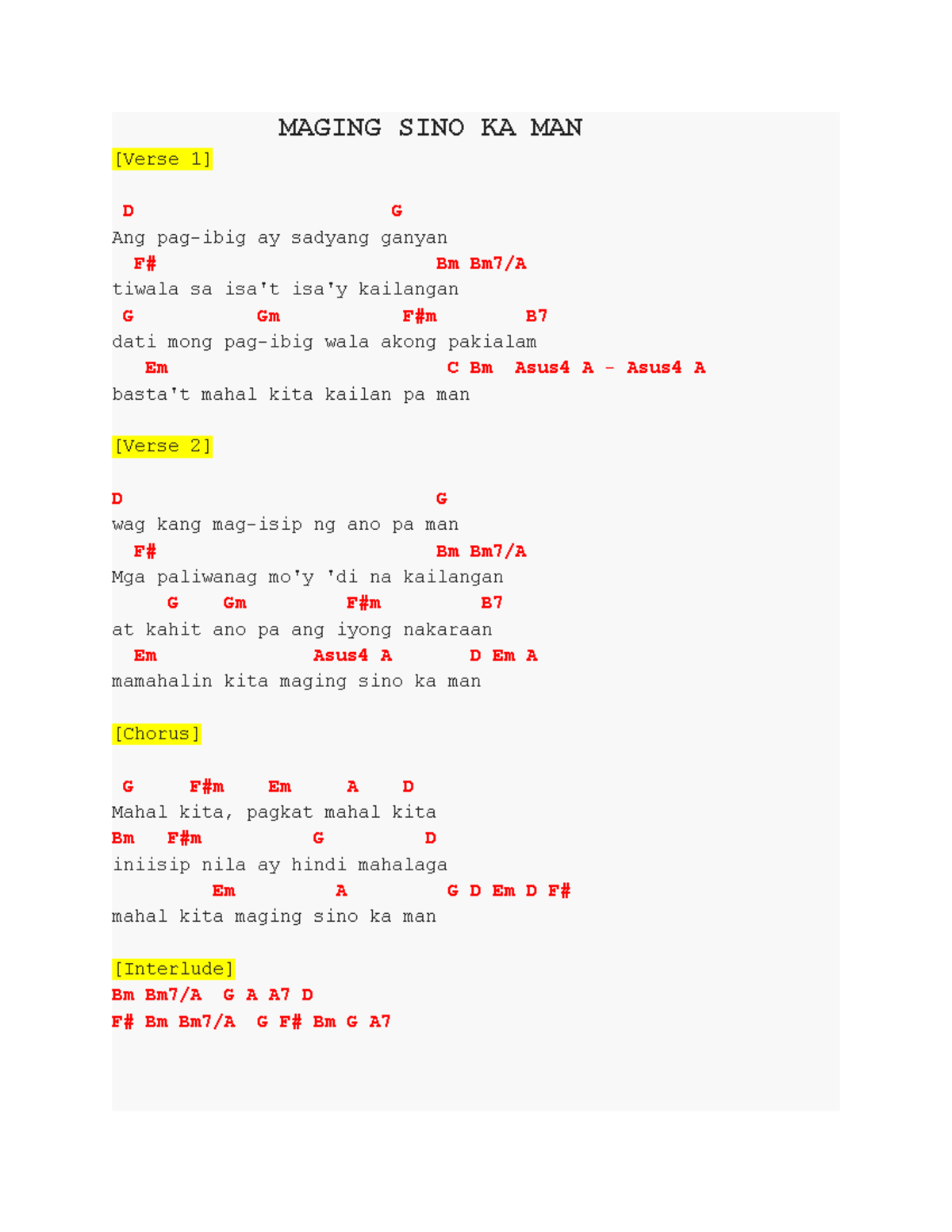 Maging SINO KA MAN - Lecture notes 11 - MAGING SINO KA MAN [Verse 1] D ...