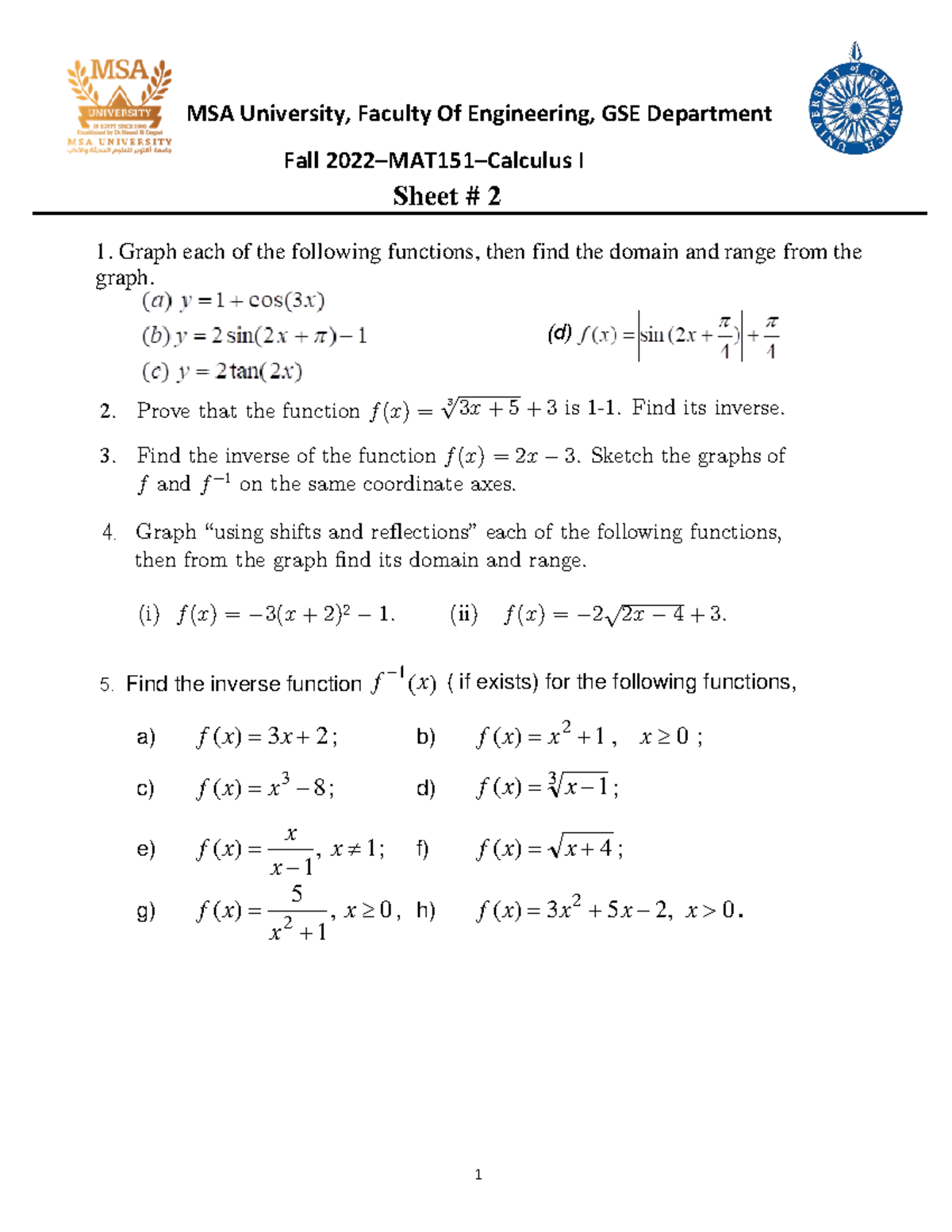 Calculus - sheet 2 - 3 √ 3 x + 5 + 3 is 1-1. Find its inverse. − 1 on ...