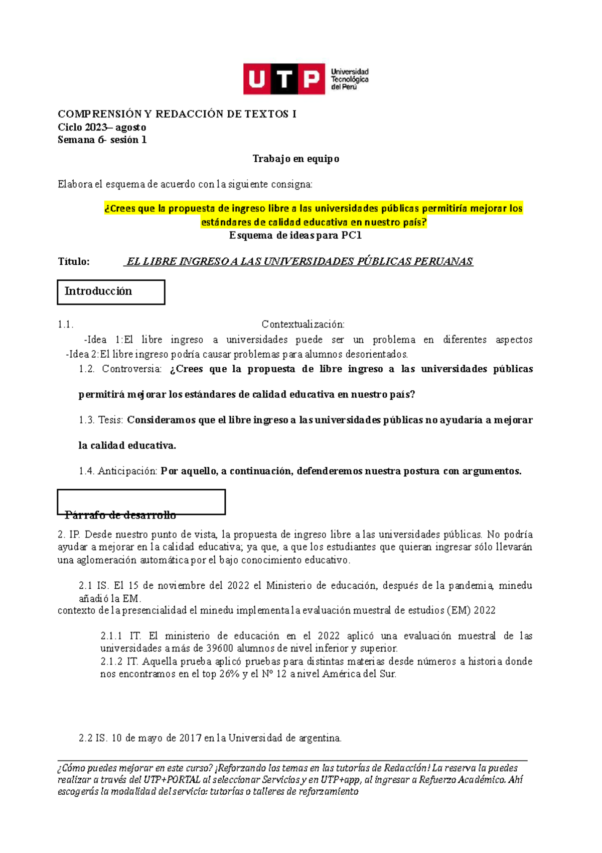 S06.s1-Esquema para PC1 (material) 2023 agosto (4) - COMPRENSIÓN Y REDACCIÓN DE TEXTOS I Ciclo ...