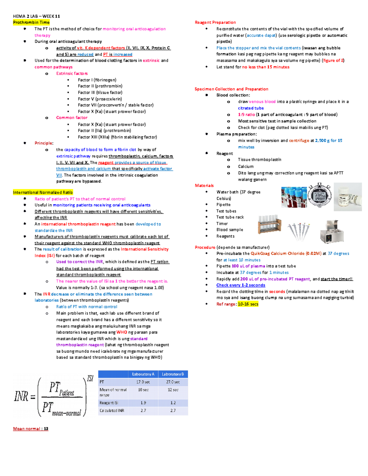 Hema 2 lab - PT and APTT - PT and APTT - HEMA 2 LAB – WEEK 11 ...