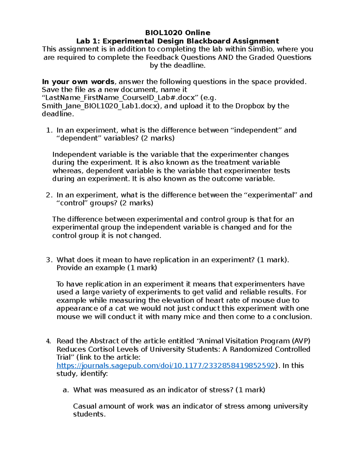 Lab 1 Part B assignment - BIOL1020 Online Lab 1: Experimental Design Blackboard Assignment This ...