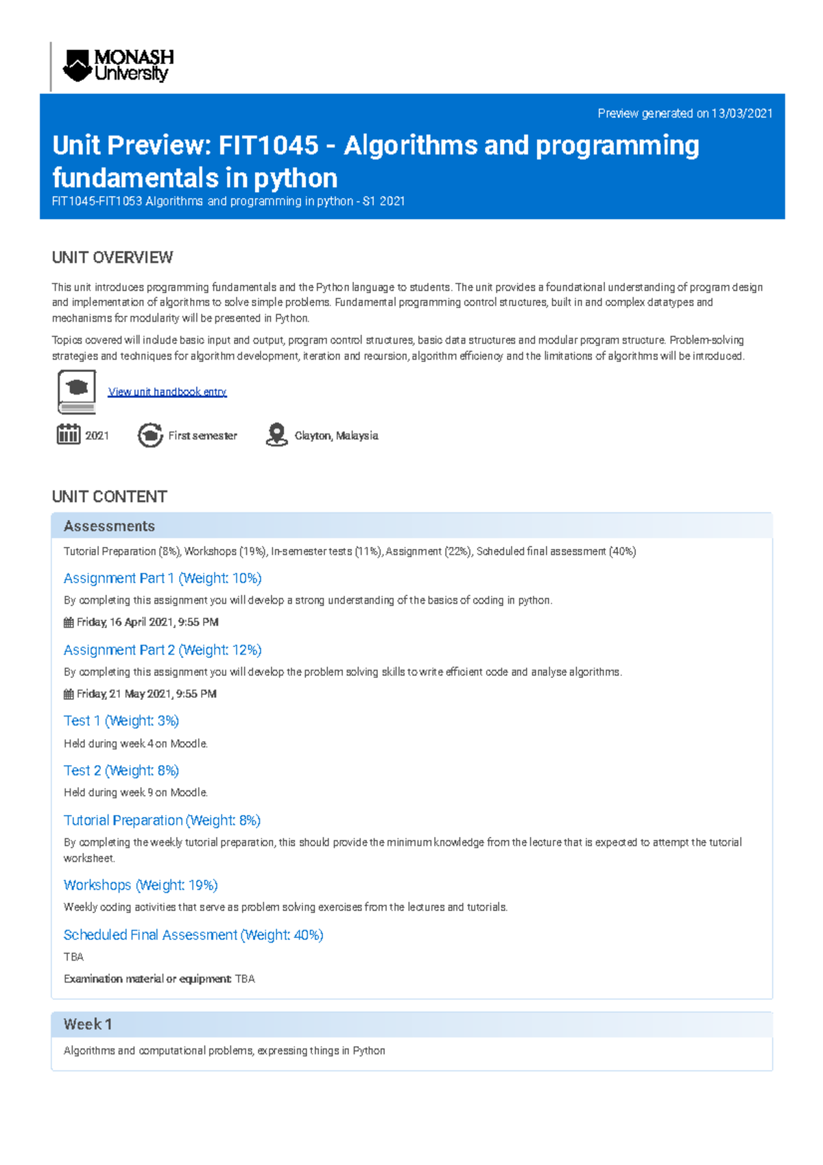 FIT1045 Unit Preview - Preview generated on 13/03/ Unit Preview: FIT1045 - Algorithms and - Studocu