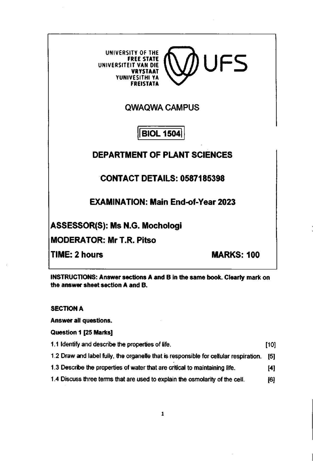 Plant sci 2023 NOV - Exam paper(End of Year) - UNIVERSITY OF THE FREE ...