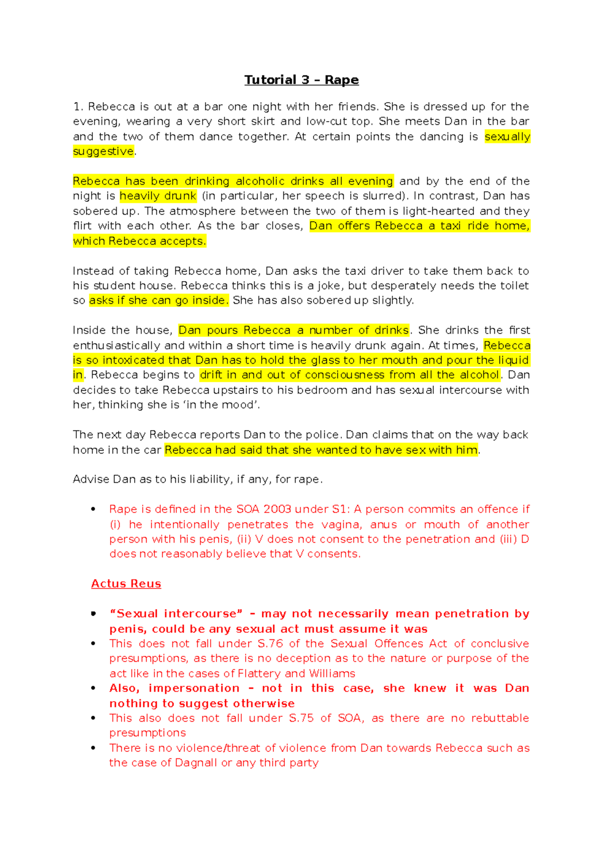 Tutorial on Rape and Sexual Offences - Tutorial 3 – Rape Rebecca is out ...
