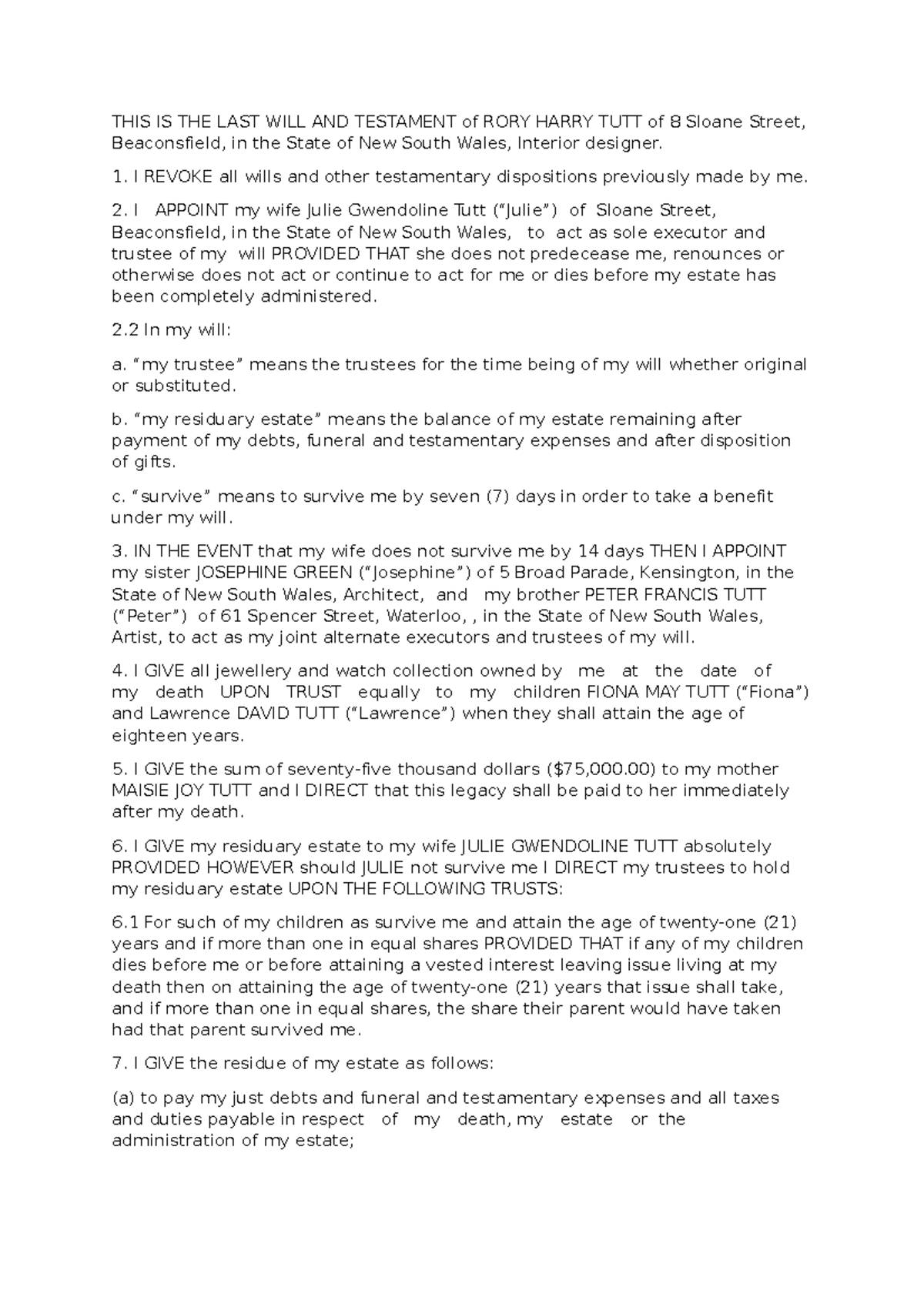 THIS IS THE LAST WILL AND Testament of RORY Harry TUTT of 8 Sloane ...