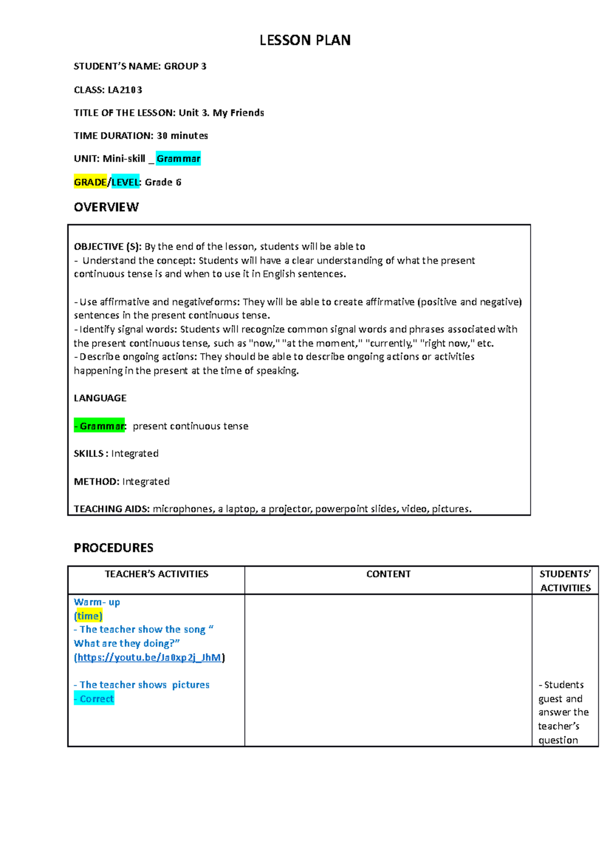 Present continuous 1 - lesson plan - LESSON PLAN STUDENT’S NAME: GROUP ...