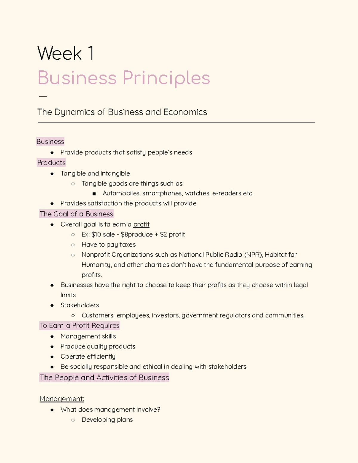 The Dynamics of Business and Economics - Week 1 Business Principles ...