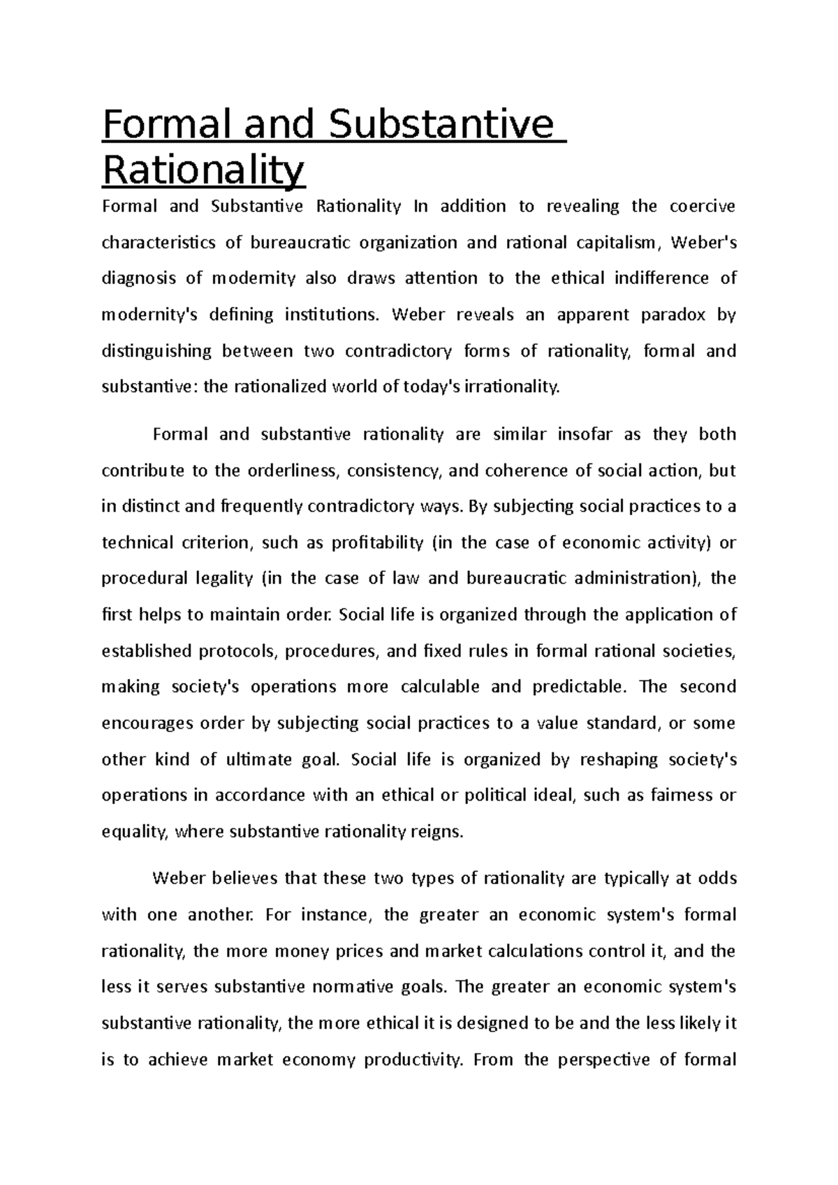 Formal and Substantive Rationality - Formal and Substantive Rationality ...