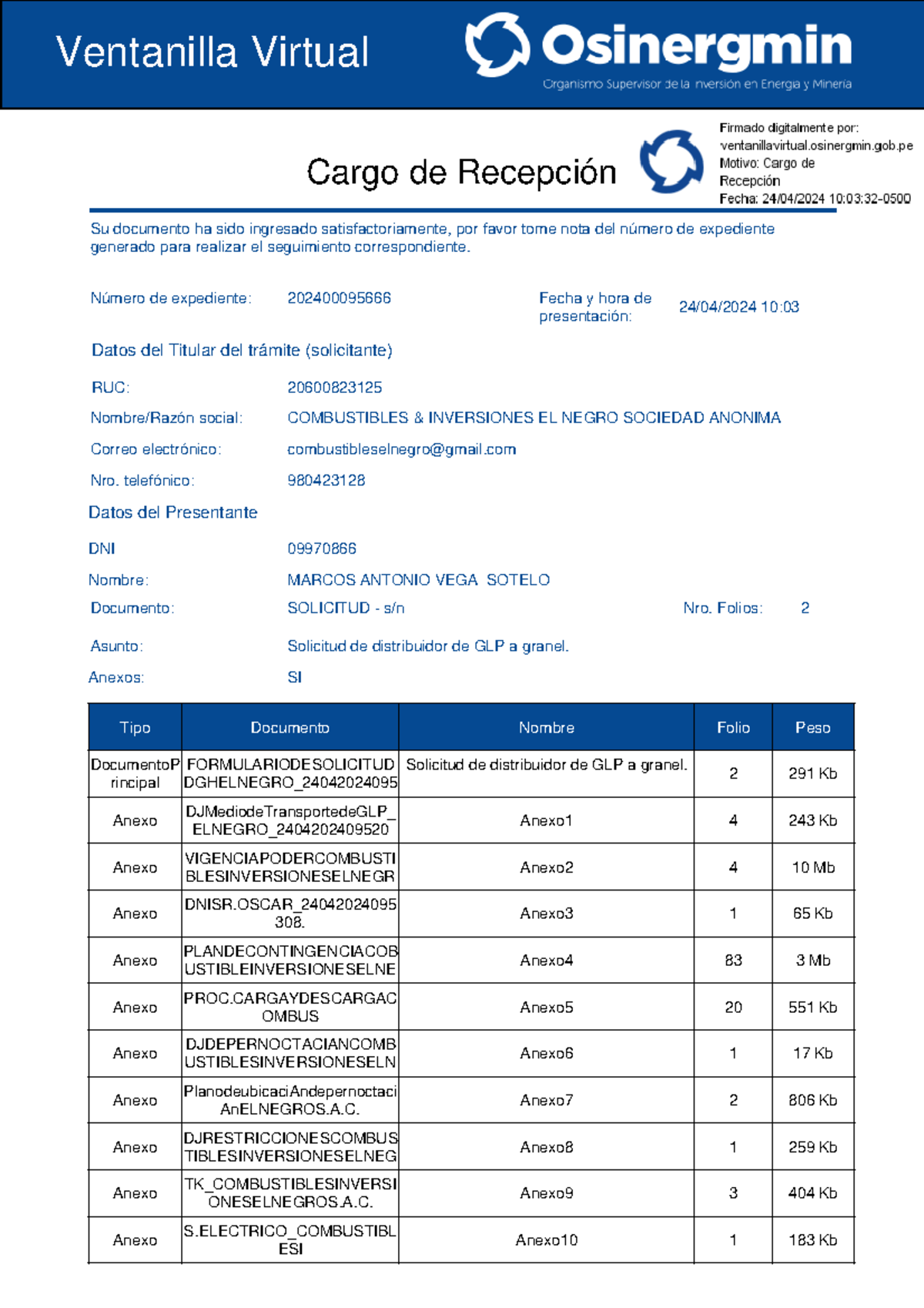 Cargo Osinergmin - espero ayude - 202400095666 24/04/2024 10: Cargo de Recepción COMBUSTIBLES ...