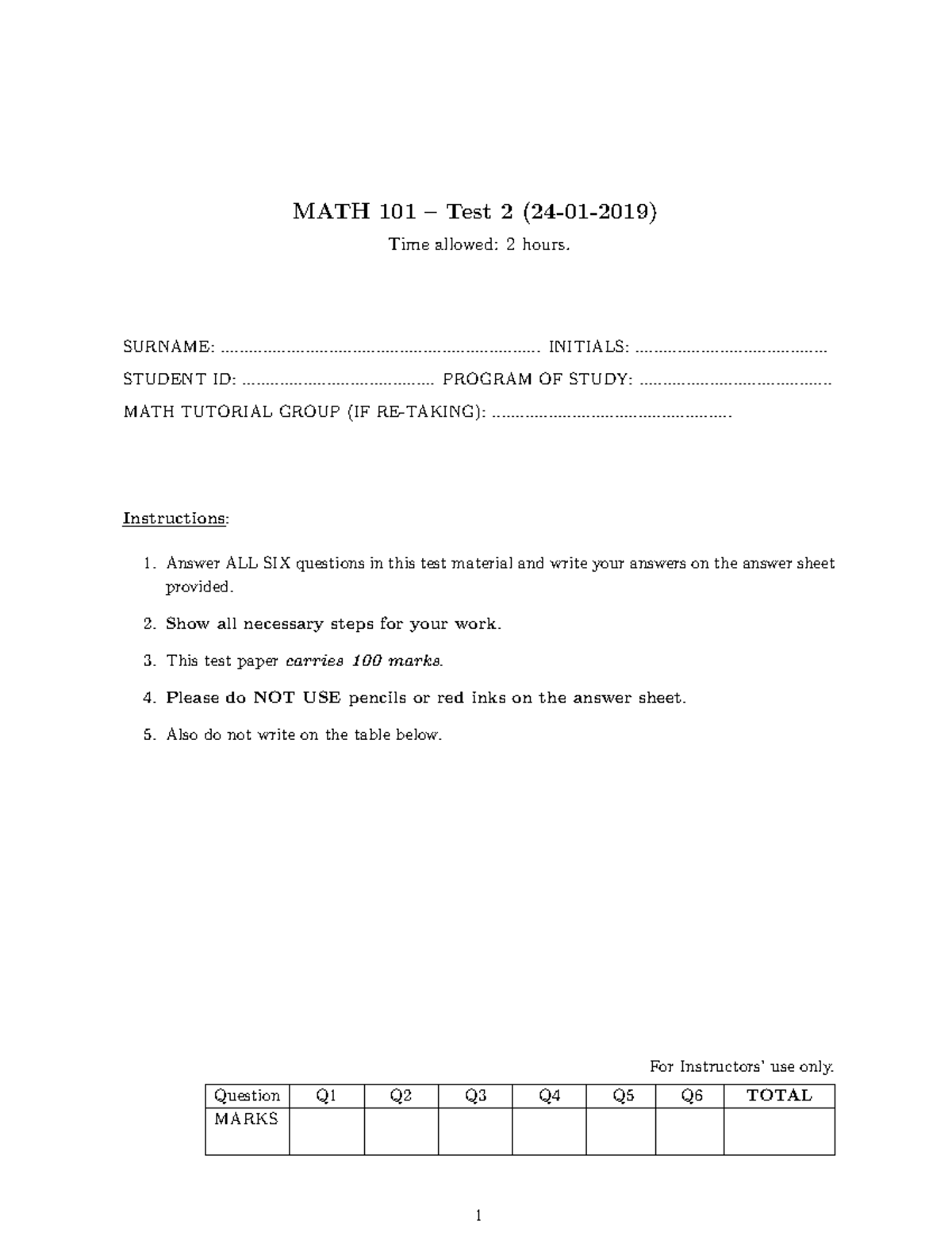MATH101 Jan 2019 Test2 - Introductory Mathematics - MATH 101 – Test 2 ...