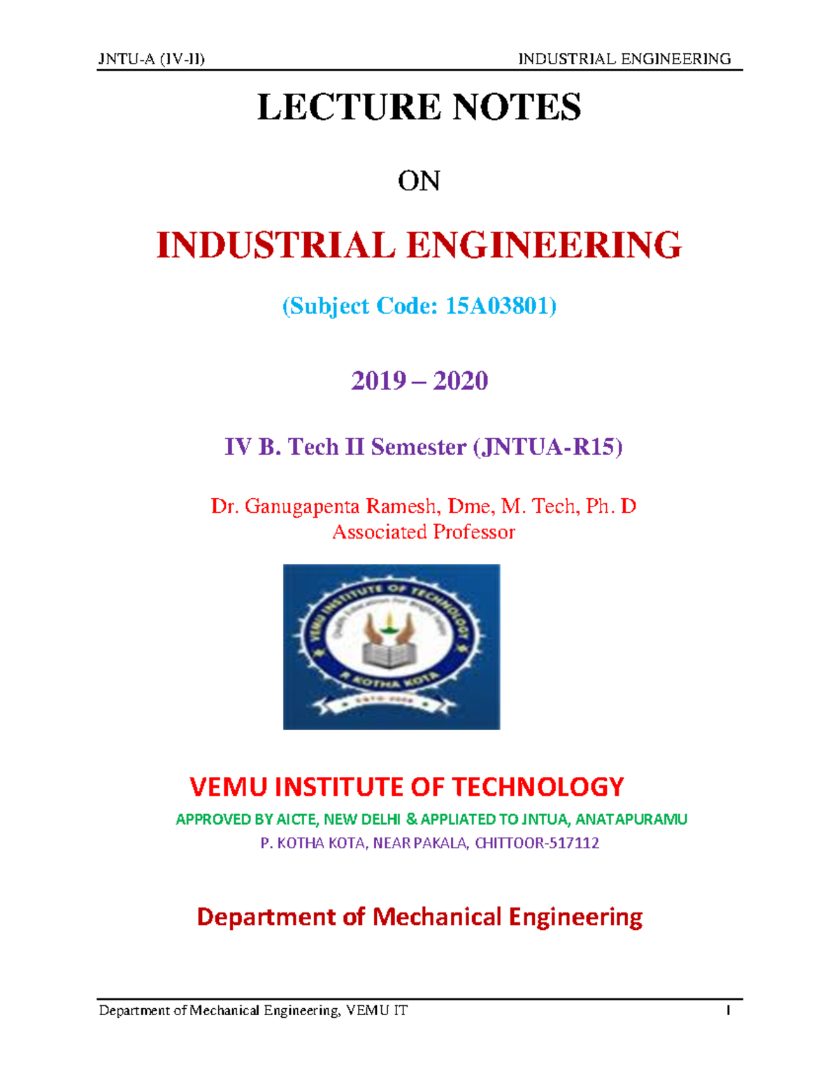Ind Engg Notes for website - LECTURE NOTES ON INDUSTRIAL ENGINEERING ...