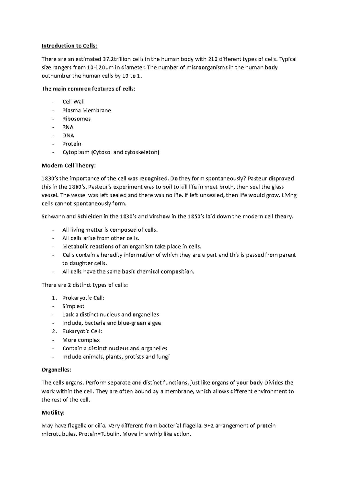 Cell Biology Semester Notes - Introduction to Cells: There are an ...