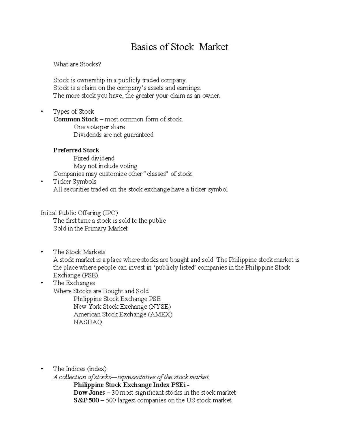 Basics of Stock Market - Basics of Stock Market What are Stocks? Stock ...