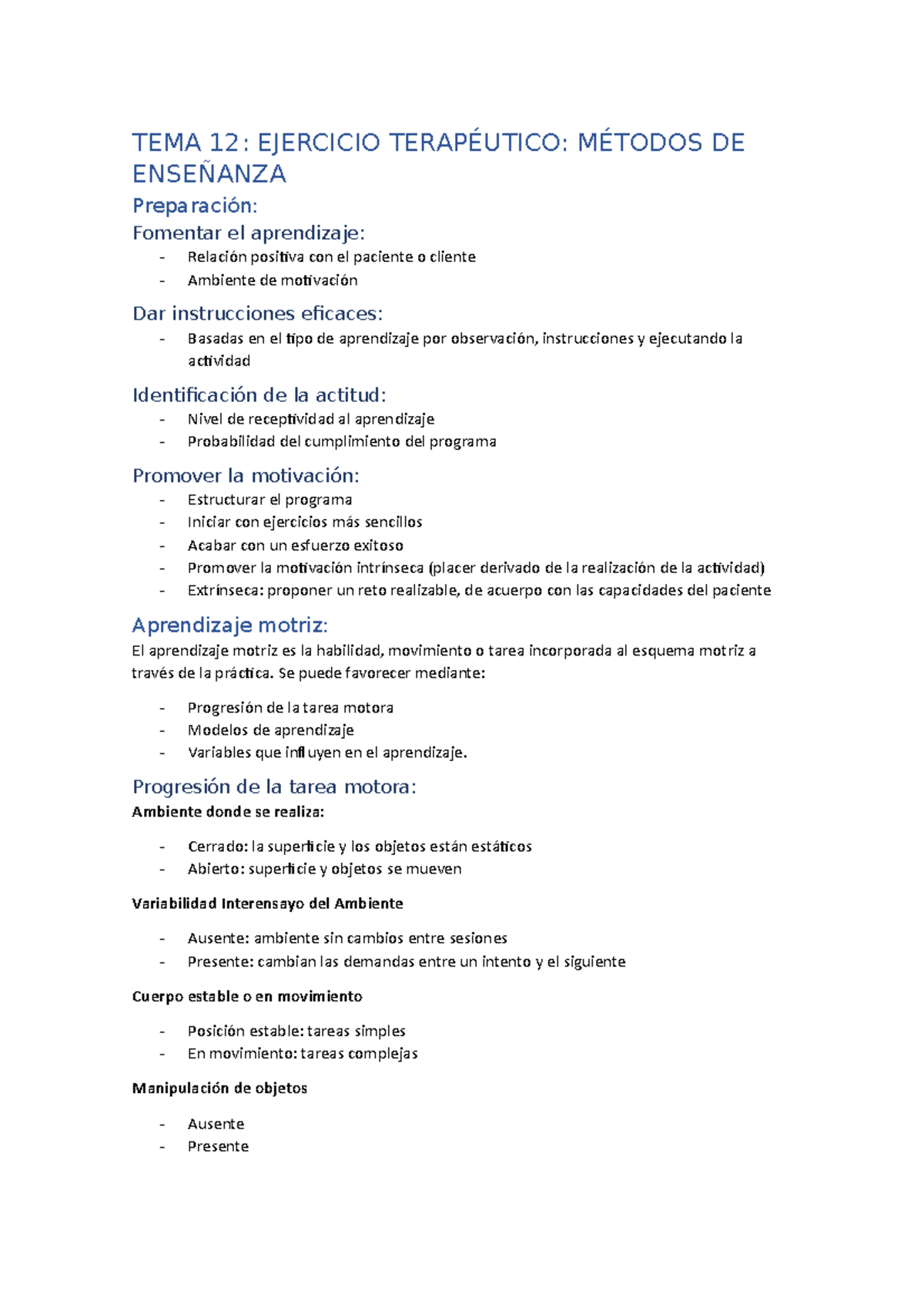 Tema 12 procedimientos - TEMA 12: EJERCICIO TERAPÉUTICO: MÉTODOS DE ENSEÑANZA Preparación ...