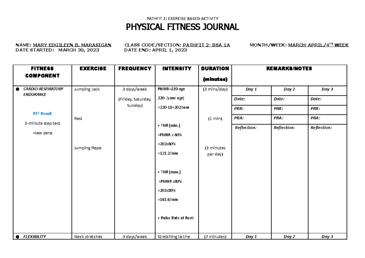 Physical Fitness Journal Final Format - PHYSICAL FITNESS JOURNAL NAME ...