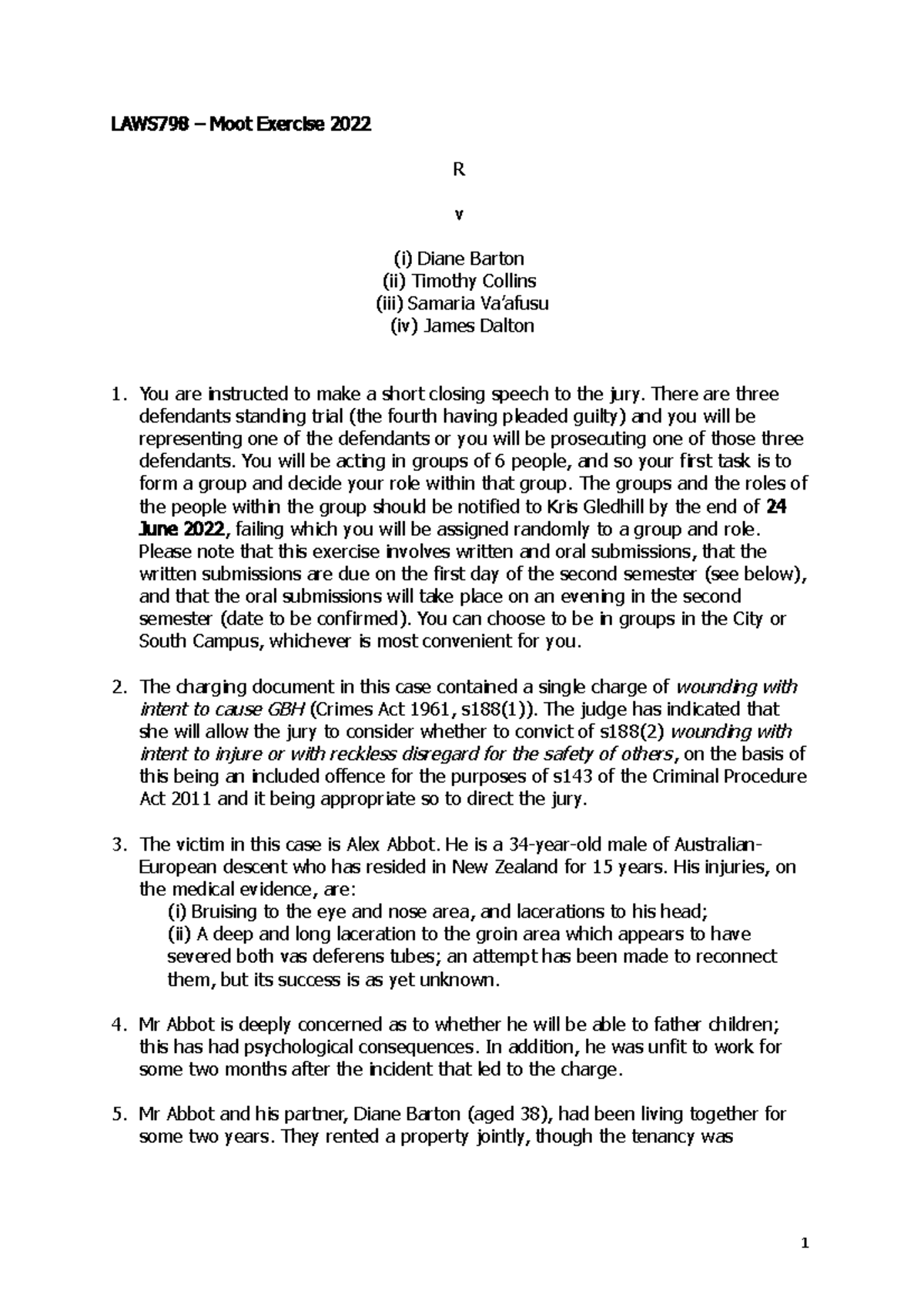 Moot 2022 - final - Moot questions for Crim law - note this is for a ...