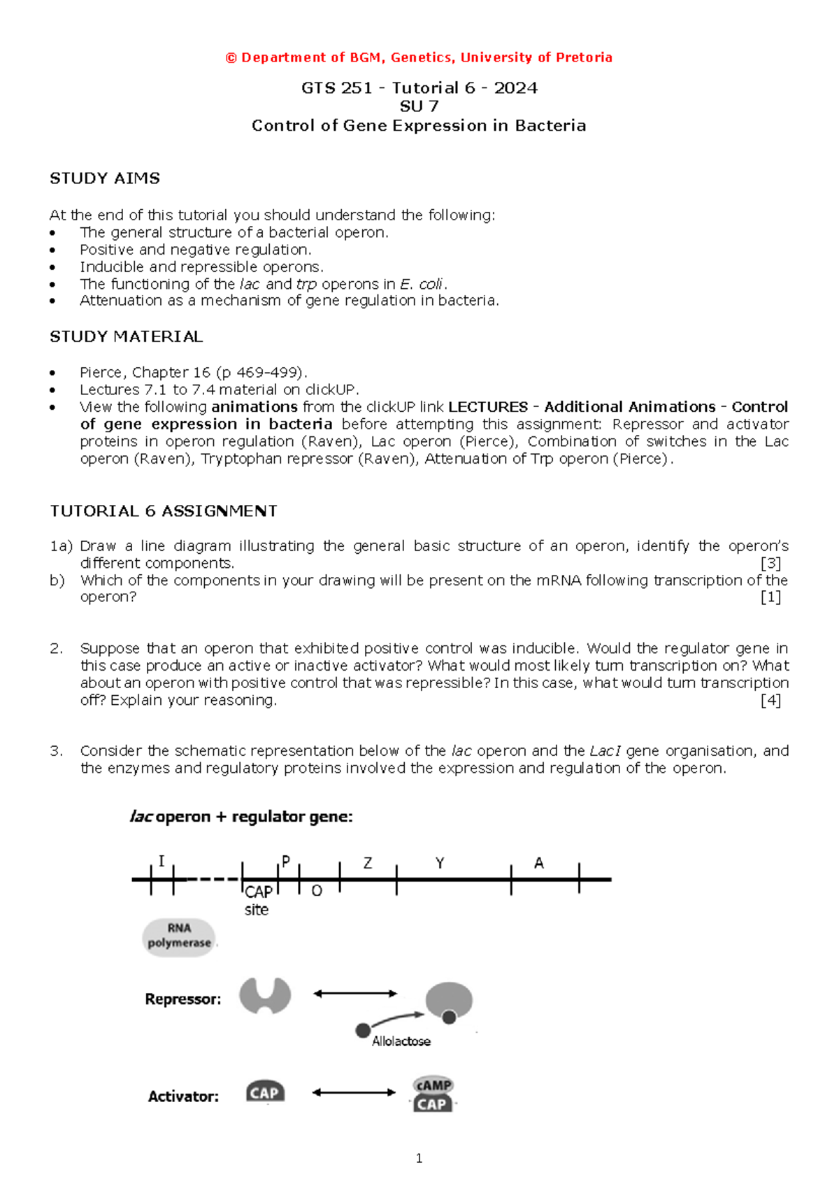 Tutorial 6 Assignment SU 7 2024 - © Department of BGM, Genetics ...
