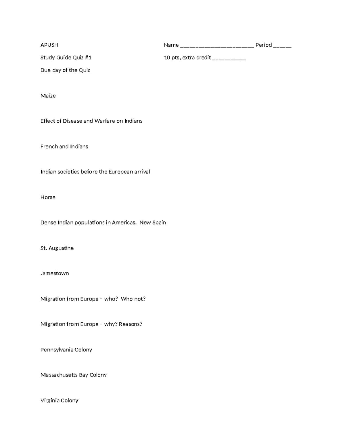 AP U.S. History Study Guide Quiz 1 - APUSH Name ...