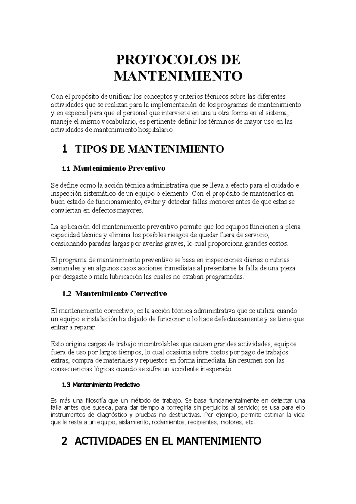 Protocolos DE Mantenimiento - PROTOCOLOS DE MANTENIMIENTO Con el propósito de unificar los ...