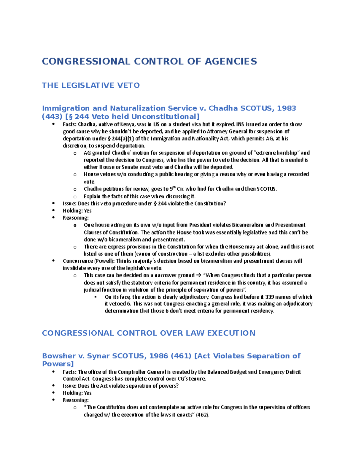 Legislation Law Outline - 2 - CONGRESSIONAL CONTROL OF AGENCIES THE ...