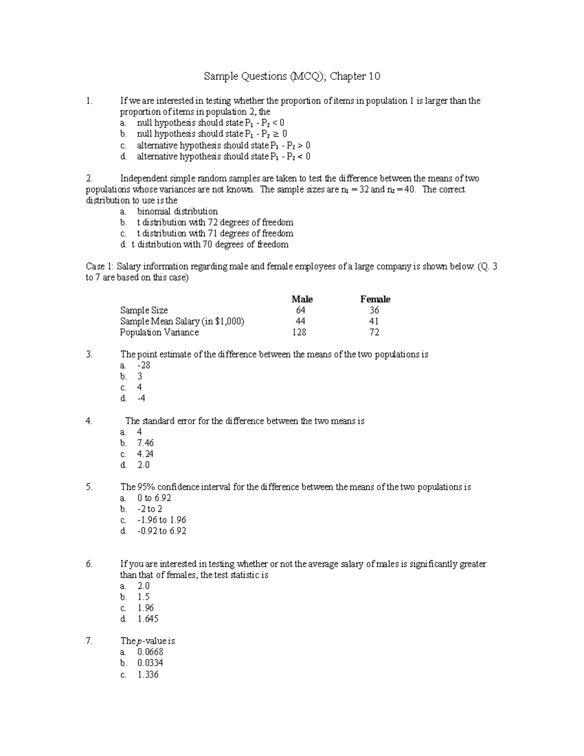 Sample MCQ Ch 10 - chapter 10 - Sample Questions (MCQ); Chapter 10 If ...
