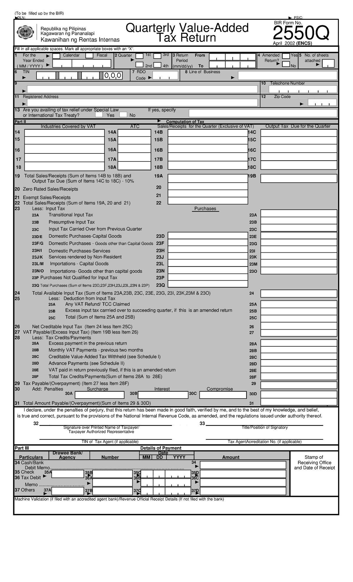 2550q - bir form - (To be filled up by the BIR) DLN: PSIC: Fill in all ...