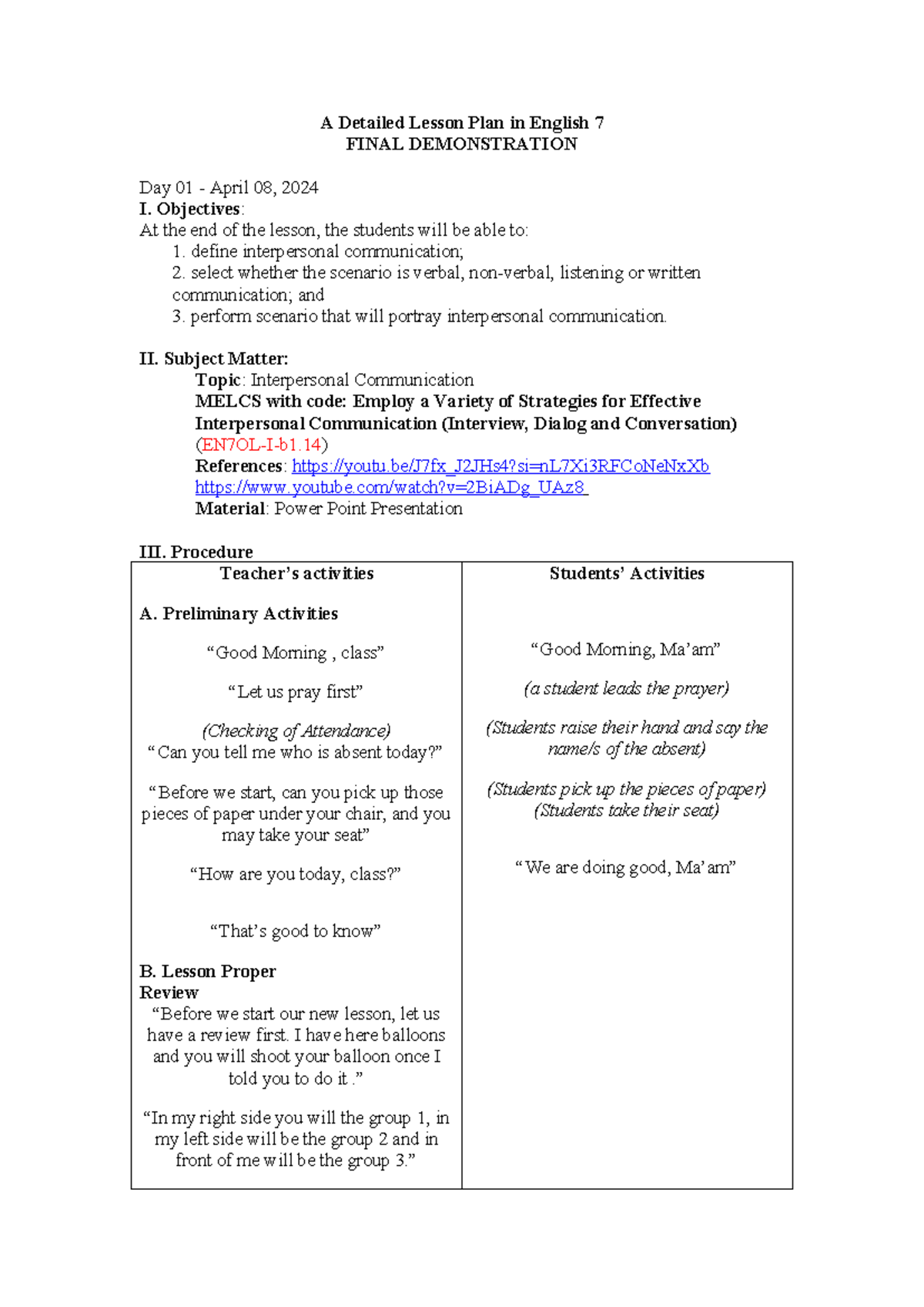 Final DEMO 3 - A Detailed Lesson Plan in English 7 FINAL DEMONSTRATION ...