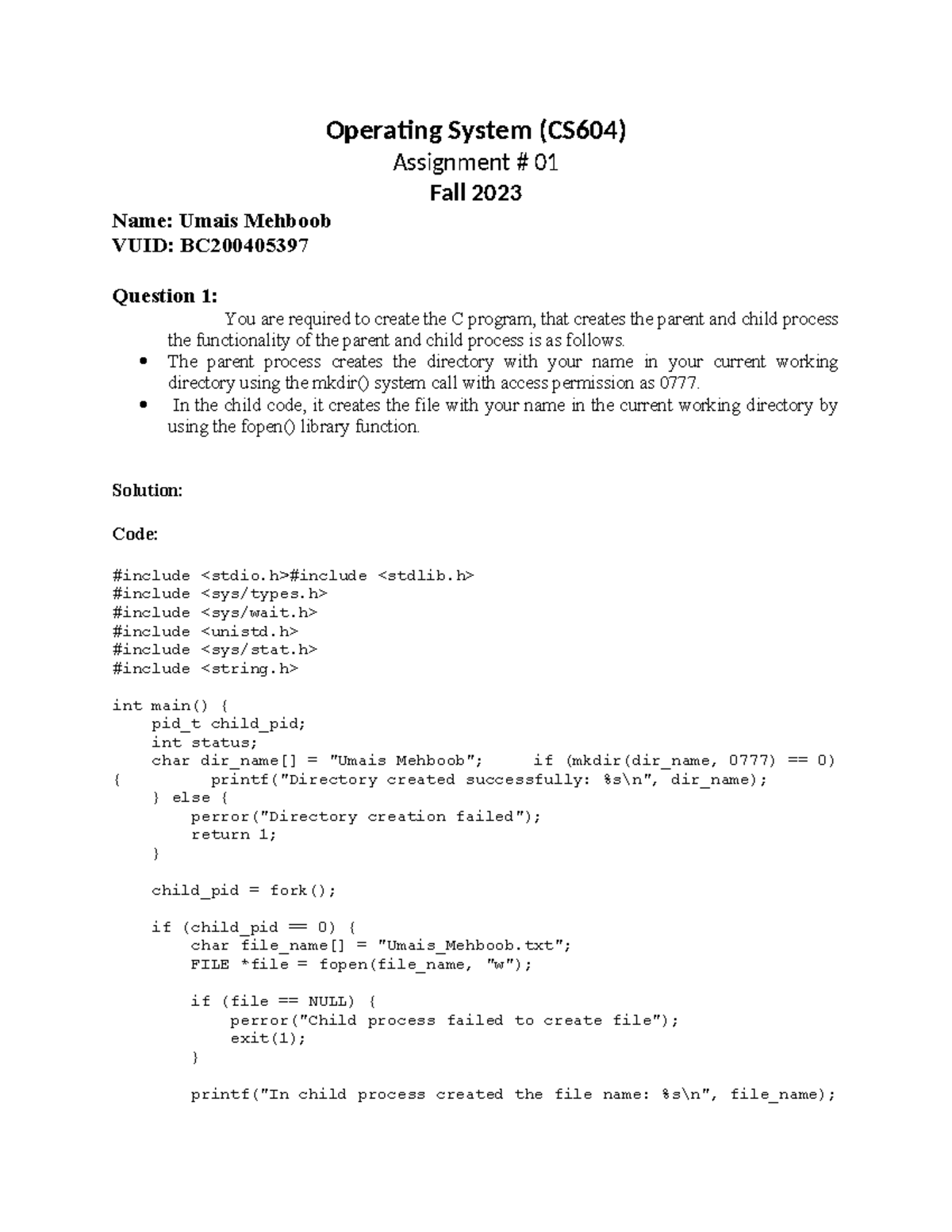 Bc2004 05397 Cs604 Fall2023 Operating System Cs604 Assignment 01 Fall 2023 Name Umais