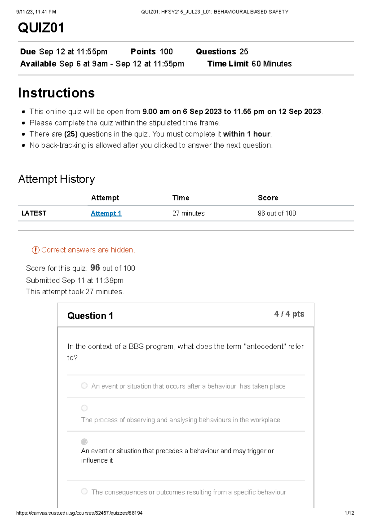QUIZ01 HFSY215 Behavioral Based Safety - QUIZ Due Sep 12 at 11:55pm ...