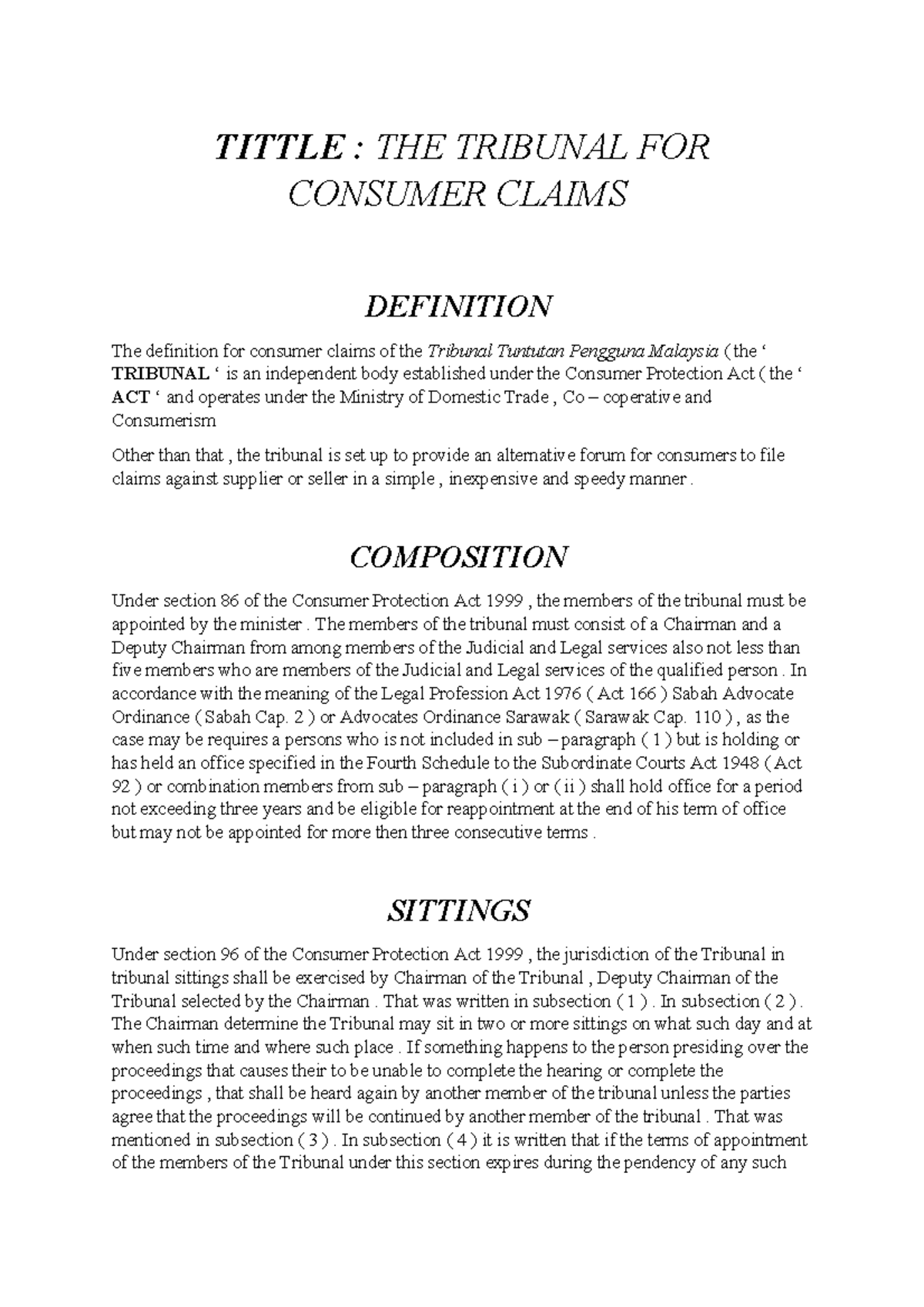 Tribunal Consumer Claim - TITTLE : THE TRIBUNAL FOR CONSUMER CLAIMS ...