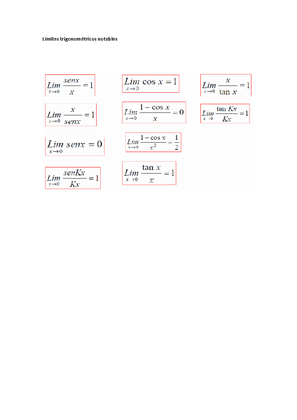 Formulario - Matematica - Límites trigonométricos notables senx Lim cos ...