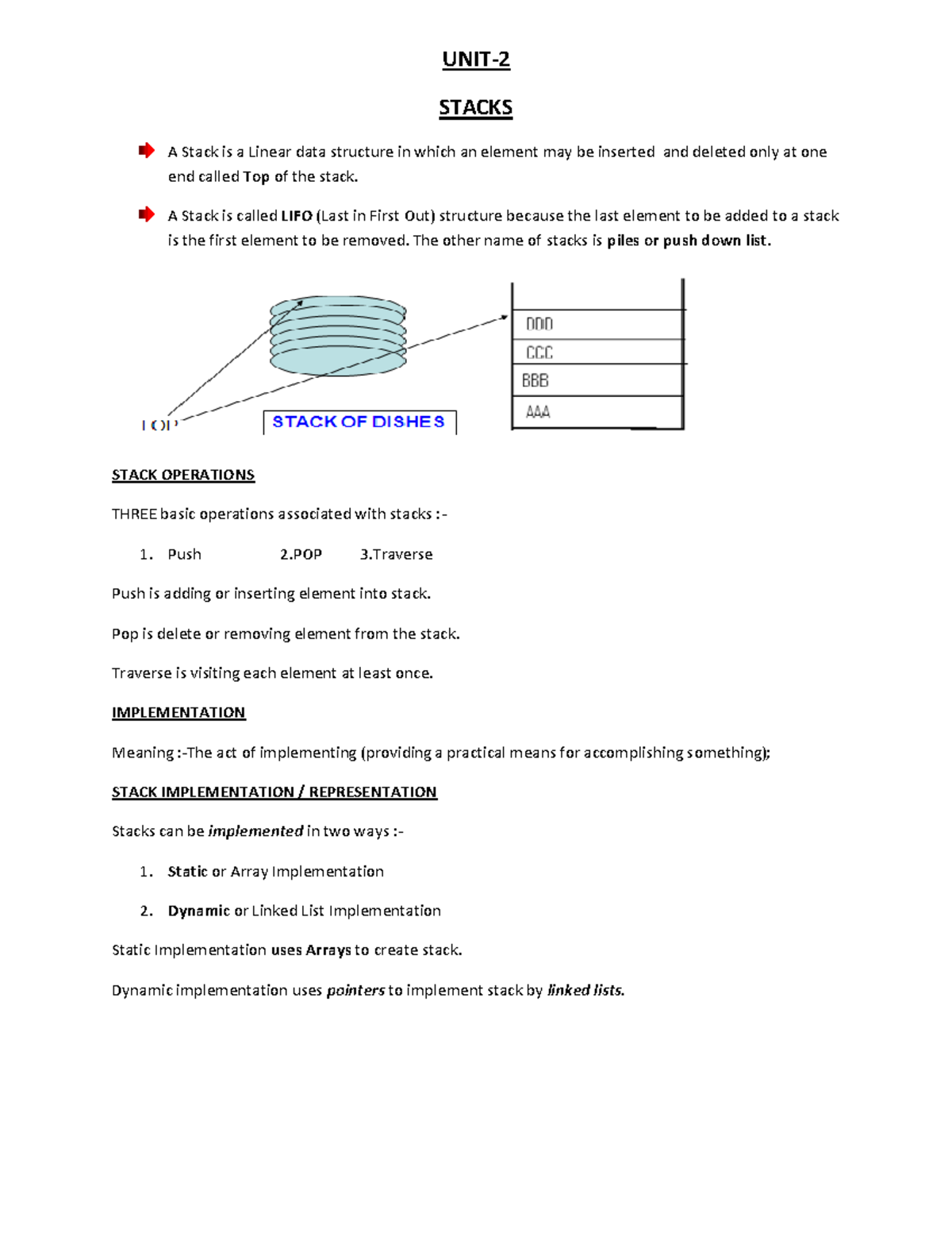 Stack Queues Notes Unit Stacks A Stack Is A Linear Data Structure In Which An Element May Be