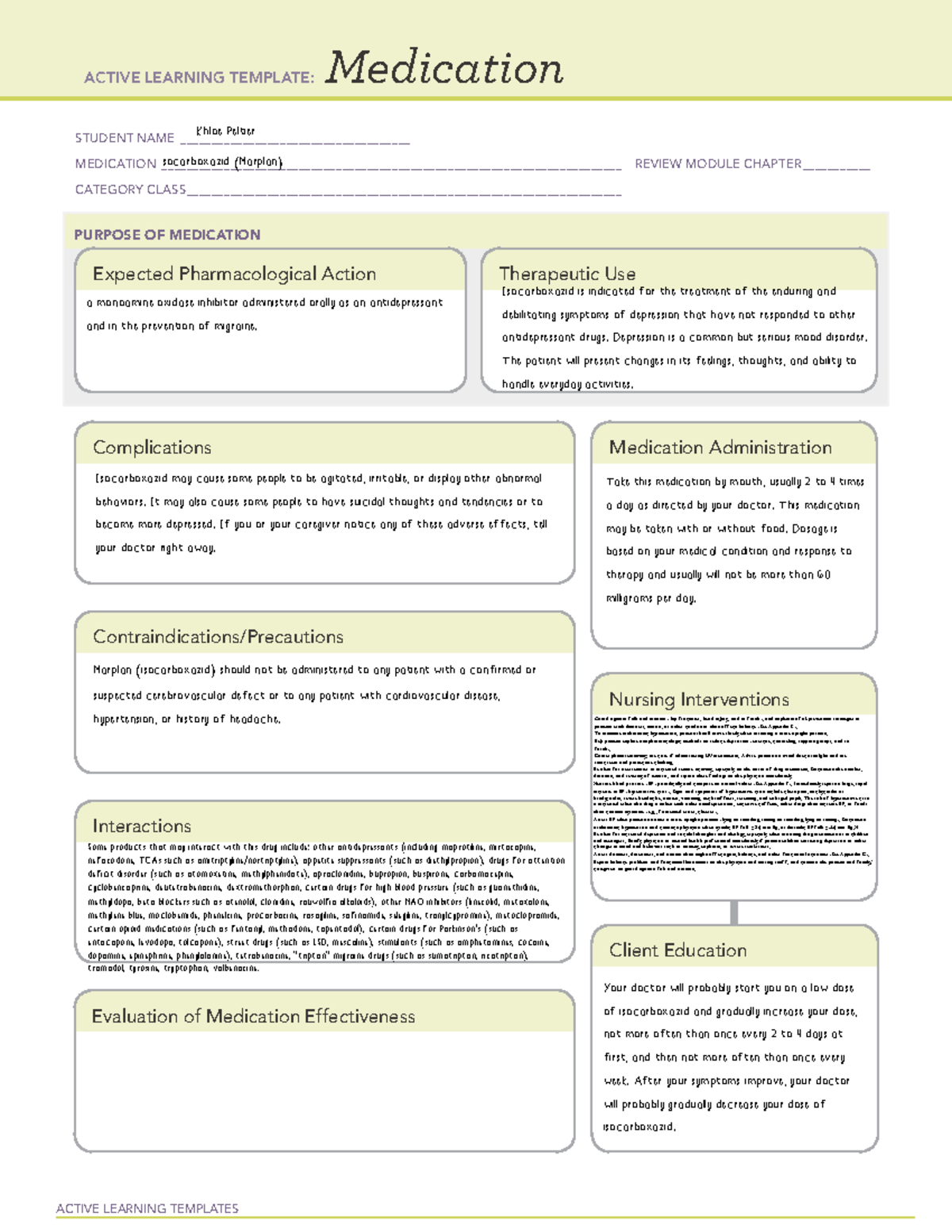 Isocarboxazid - Medication Card - ACTIVE LEARNING TEMPLATES Medication ...