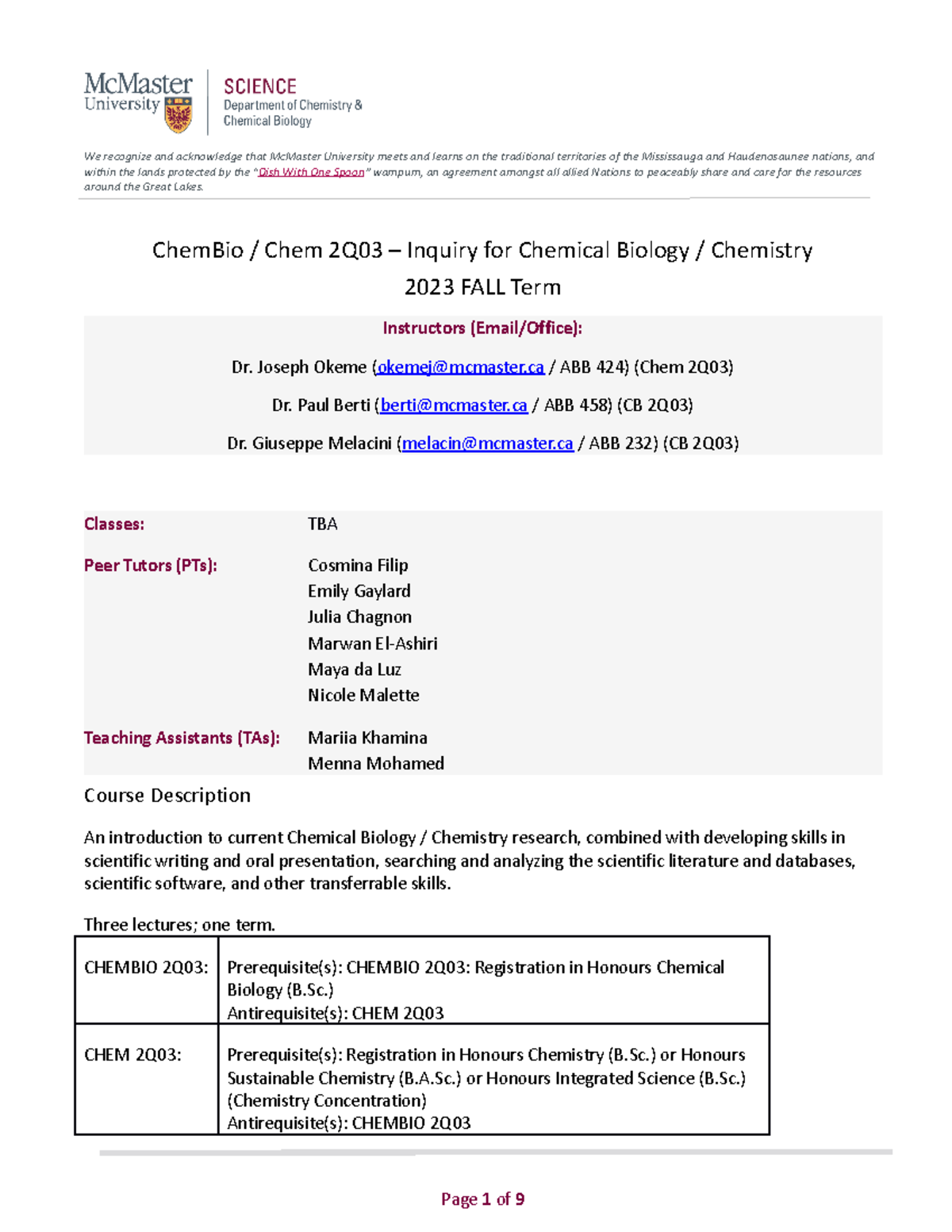 CHEM 2Q03 - course outline 2023 - We recognize and acknowledge that ...