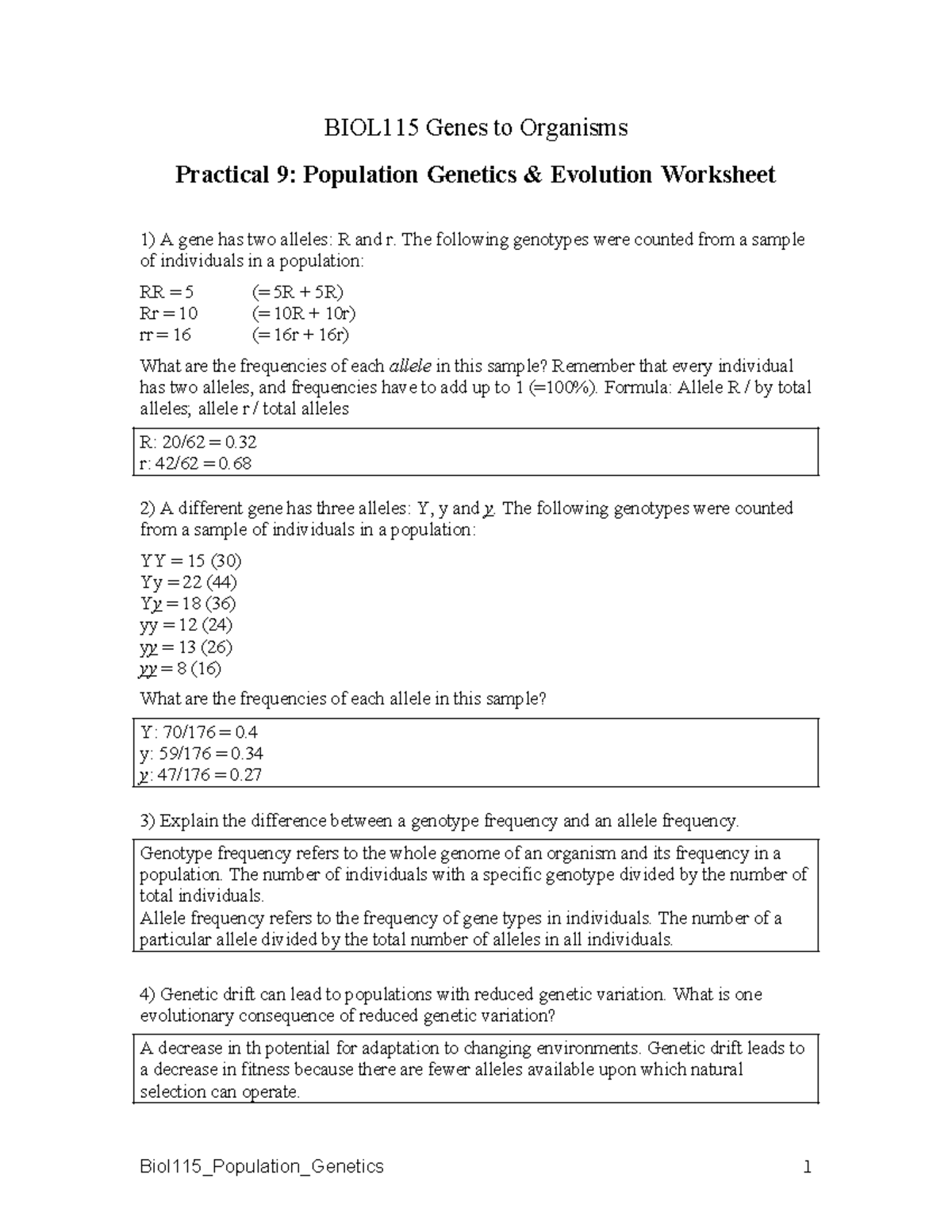 P9 - Population genetics worksheet - BIOL115 Genes to Organisms ...