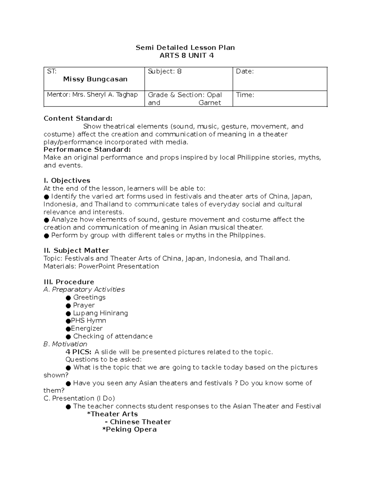Semi Detailed Lesson Plan ARTS 8FJNWAEOIU - Semi Detailed Lesson Plan ...
