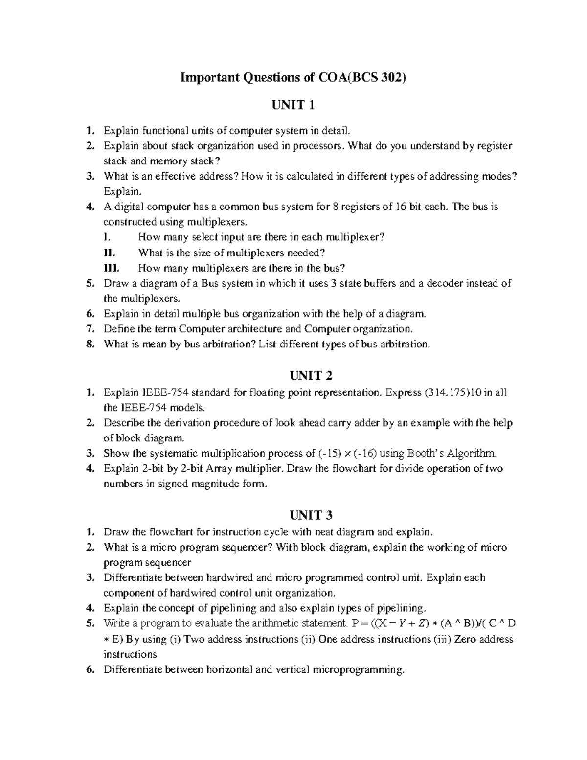 Coa Important Questions Important Questions Of Coabcs 302 Unit 1 Explain Functional Units Of 