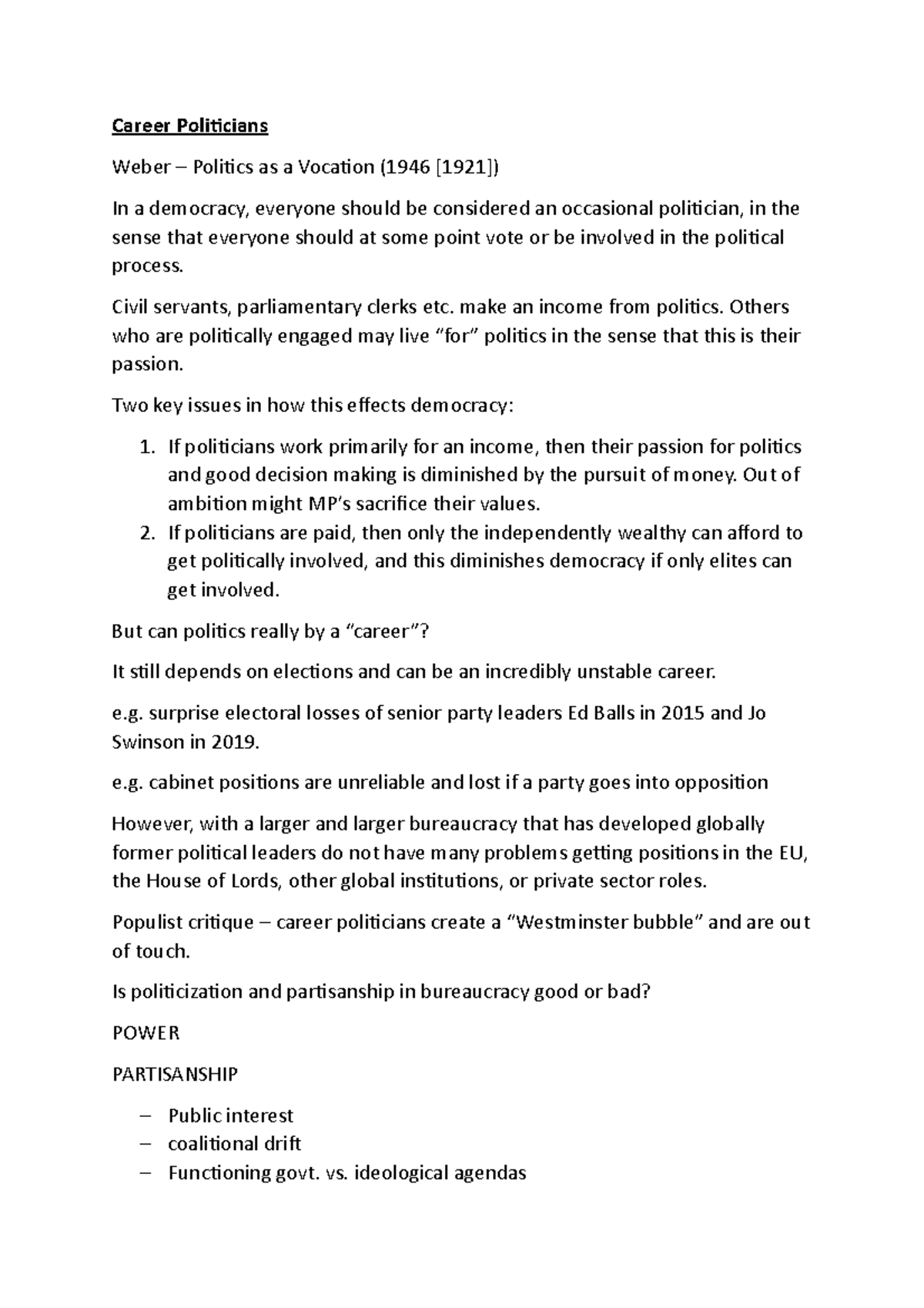 Week 16 lecture - career politicians - Career Poliicians Weber ...