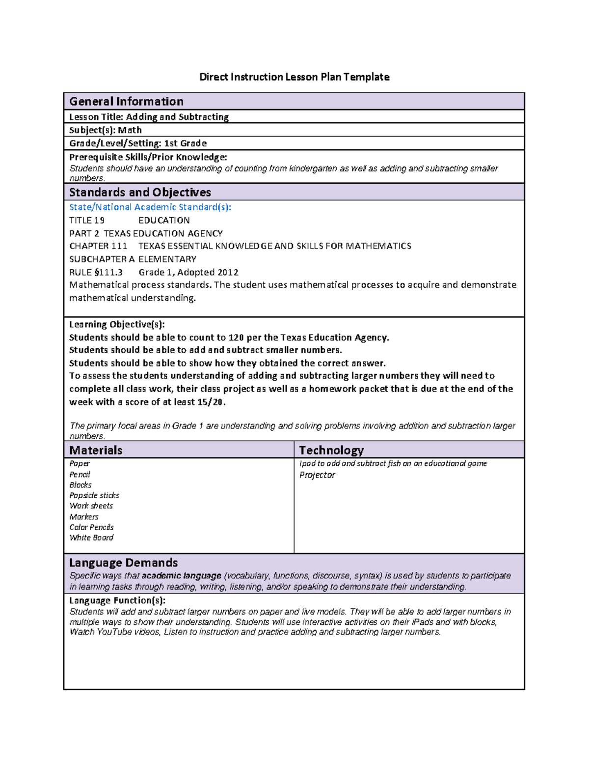 Lp direct instruction lesson plan template (2)1 - Direct Instruction ...