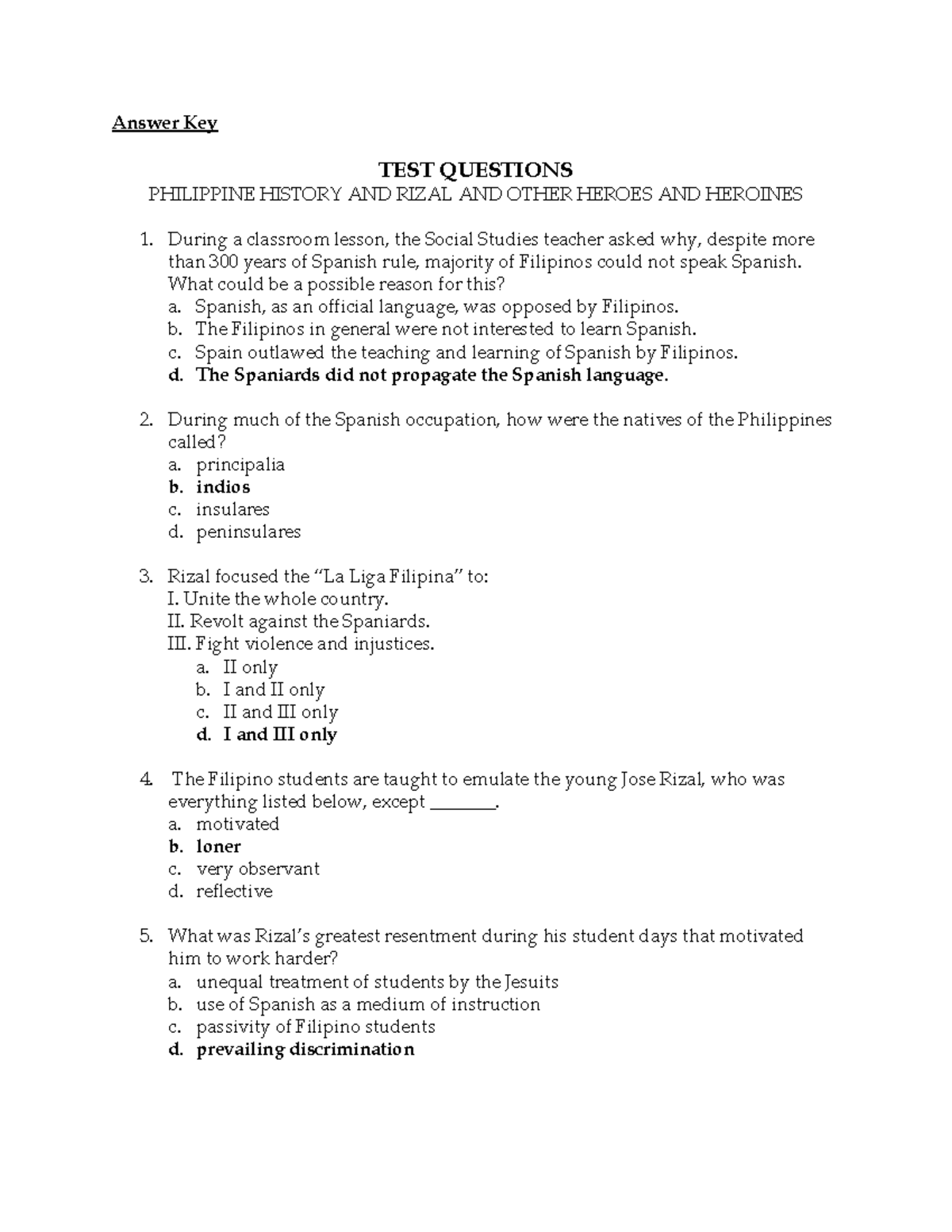 Philippine-History-reviewer - Answer Key TEST QUESTIONS PHILIPPINE ...
