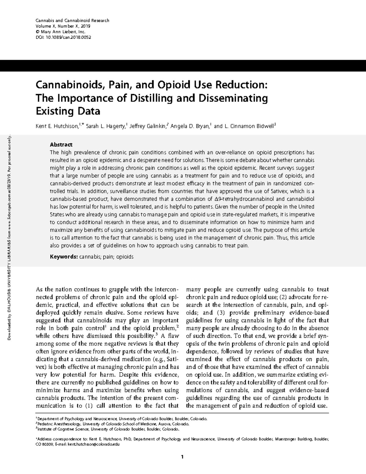 Hutchison 2019 - Paper investigación - Cannabinoids, Pain, and Opioid ...